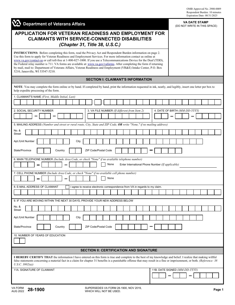 VA Form 28-1900 Download Fillable PDF or Fill Online Application for ...