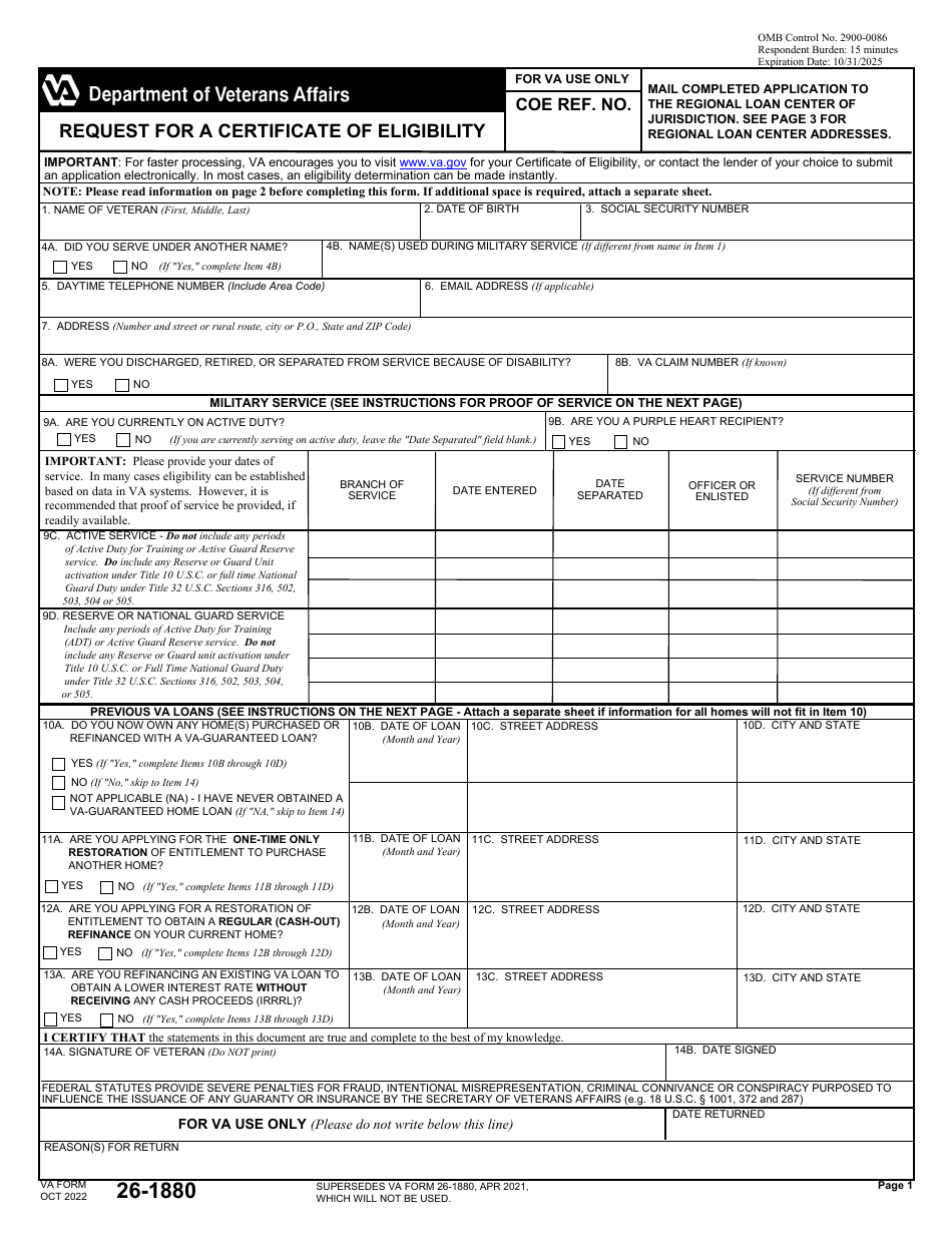VA Form 26-1880 Download Fillable PDF or Fill Online Request for a ...