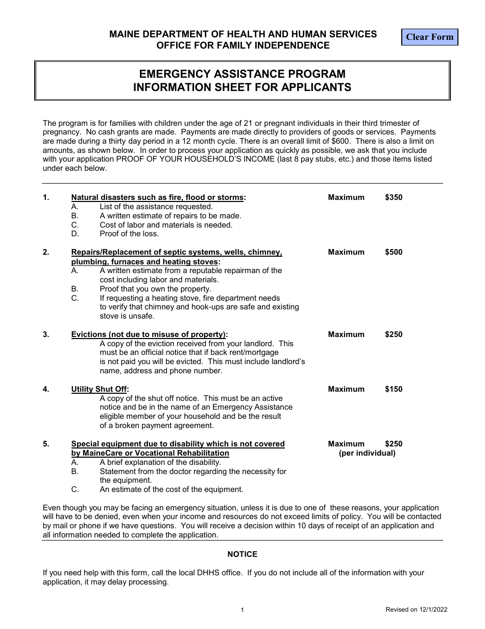 Maine Application for Emergency Assistance Download Fillable PDF ...