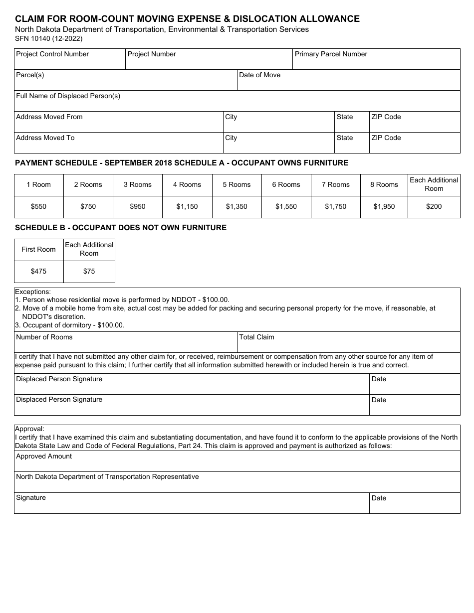 Form SFN10140 Download Fillable PDF or Fill Online Claim for Room-Count ...
