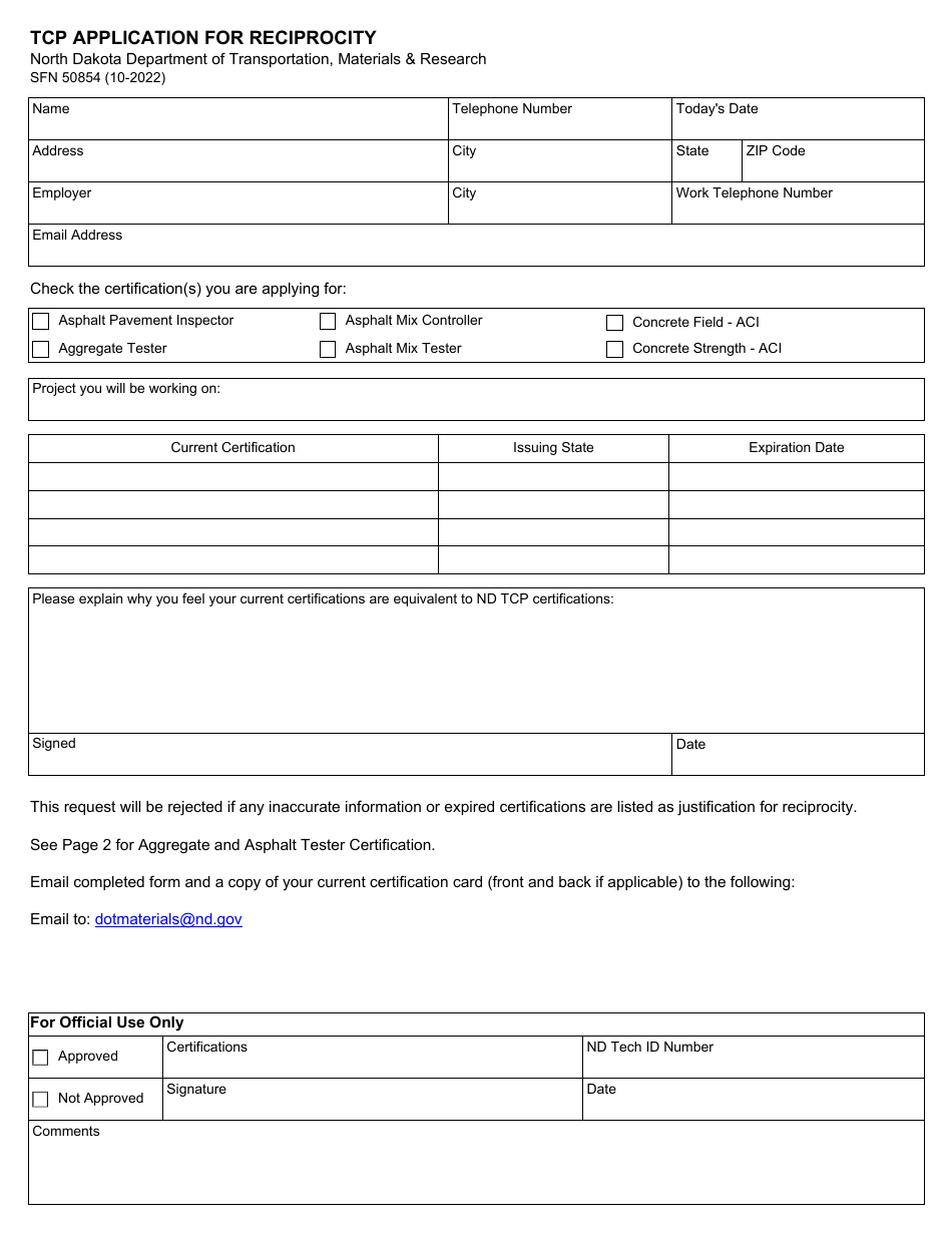 Form SFN50854 Download Fillable PDF or Fill Online Tcp Application for ...