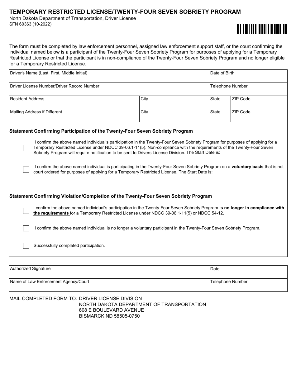 Form SFN60363 - Fill Out, Sign Online and Download Fillable PDF, North ...