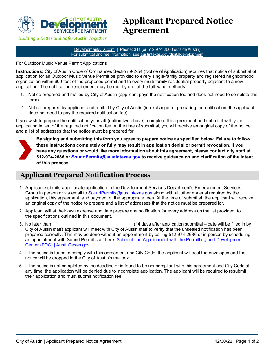 City of Austin, Texas Applicant Prepared Notice Agreement - Fill Out, Sign Online and Download ...