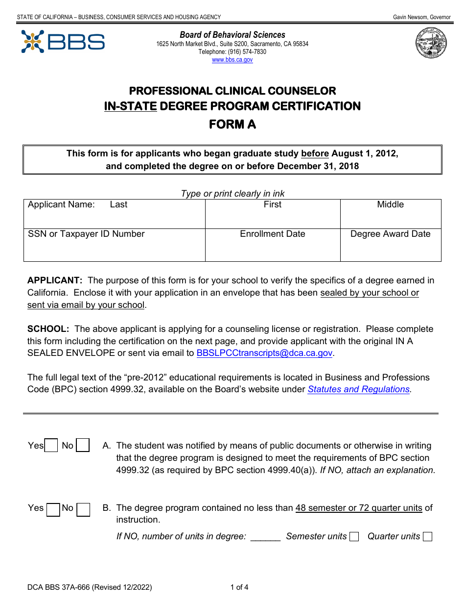 Form A (DCA BBS37A-666) - Fill Out, Sign Online and Download Fillable ...