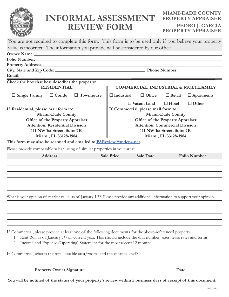 Miami-Dade County, Florida Informal Assessment Review Form Download ...