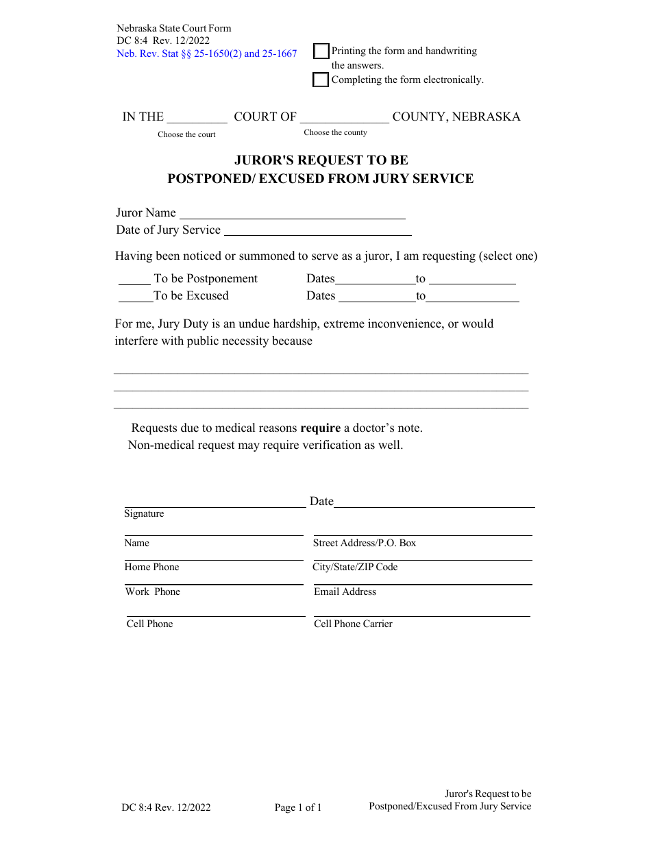 Form DC8:4 Download Fillable PDF or Fill Online Juror's Request to Be ...