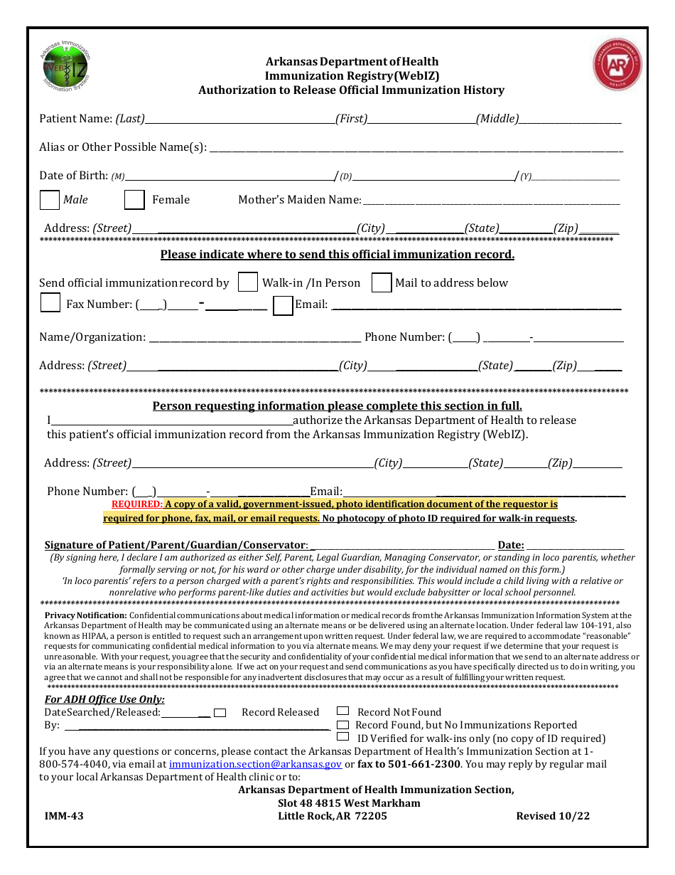 Form IMM-43 - Fill Out, Sign Online and Download Fillable PDF, Arkansas ...
