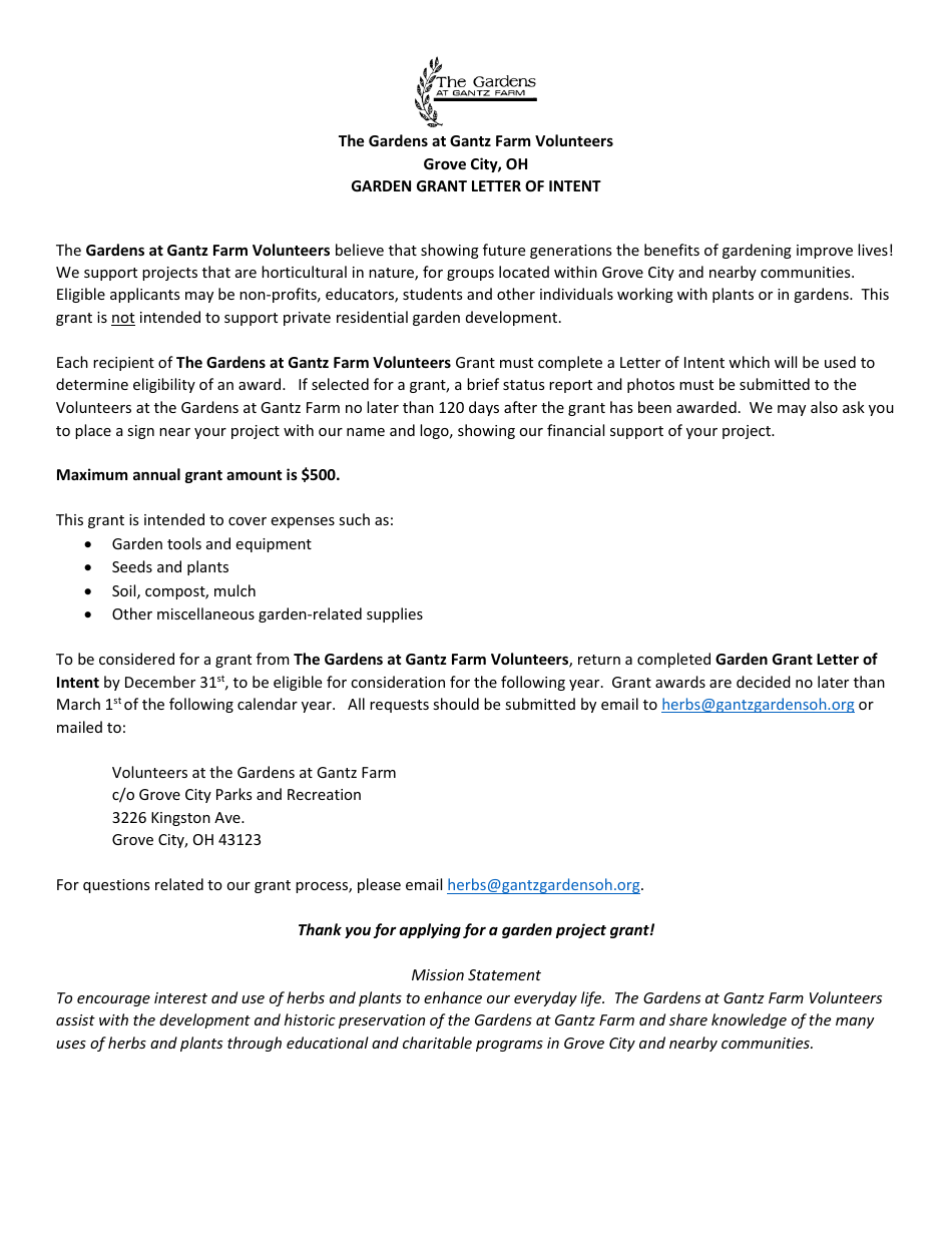 Grove City, Ohio Garden Grant Letter of Intent - Fill Out, Sign Online ...