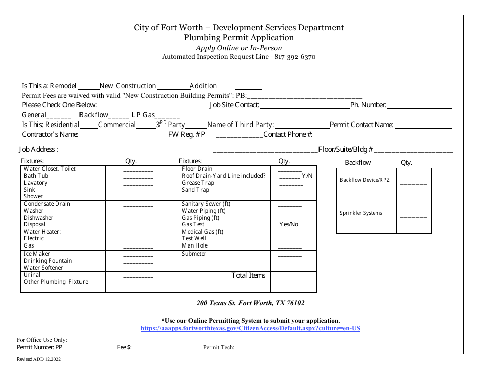 City of Fort Worth, Texas Plumbing Permit Application - Fill Out, Sign Online and Download PDF ...