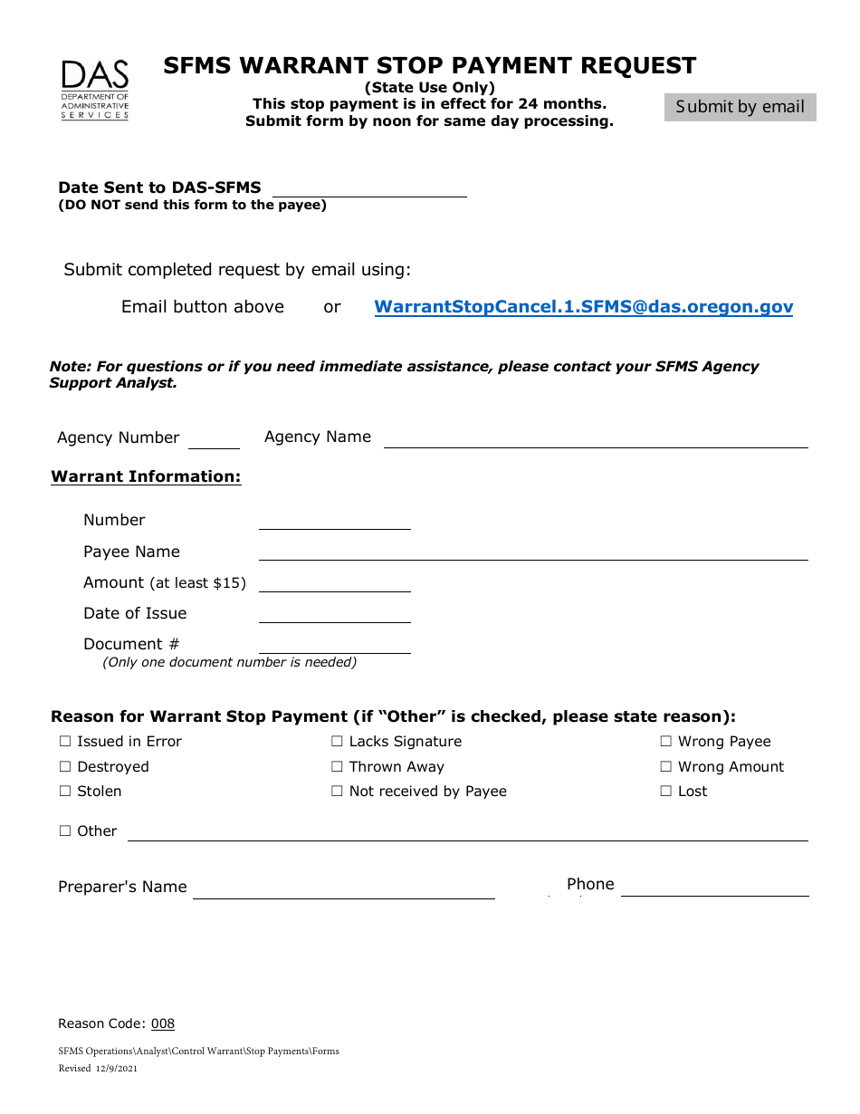 Oregon Sfms Warrant Stop Payment Request - Fill Out, Sign Online and Download PDF | Templateroller