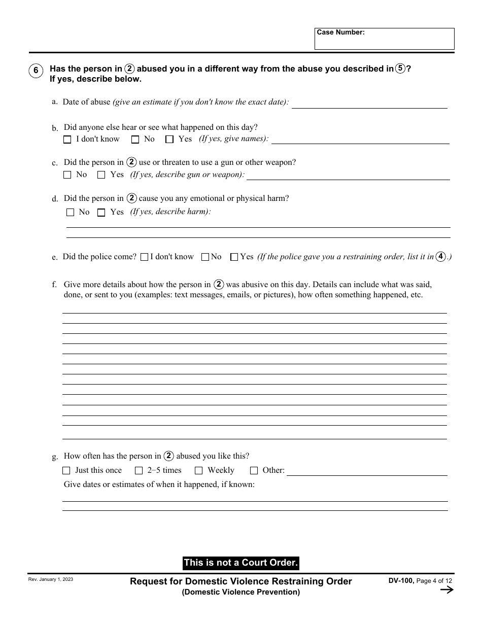 Form DV-100 Download Fillable PDF or Fill Online Request for Domestic Violence Restraining Order ...