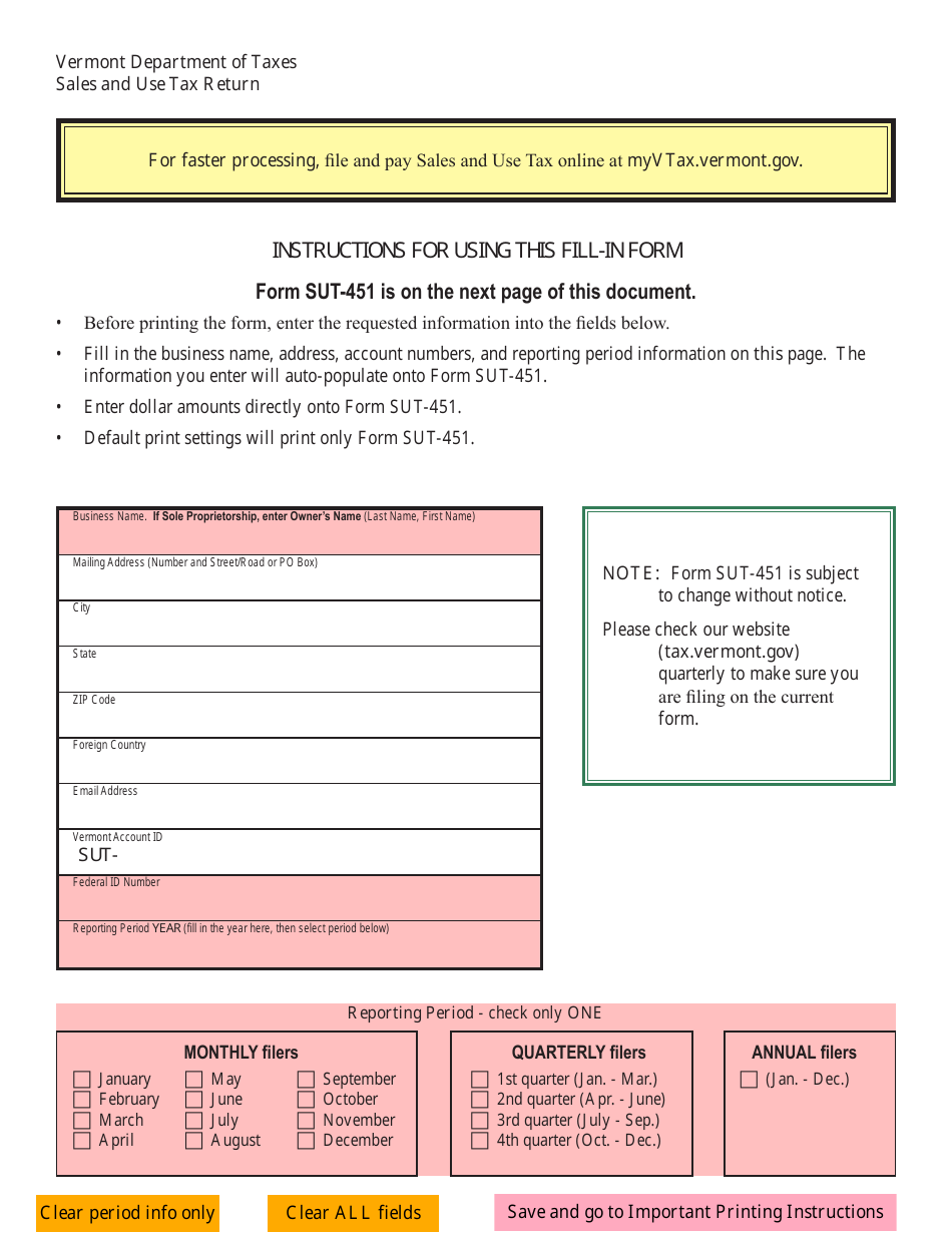 Form SUT-451 - Fill Out, Sign Online and Download Fillable PDF, Vermont ...