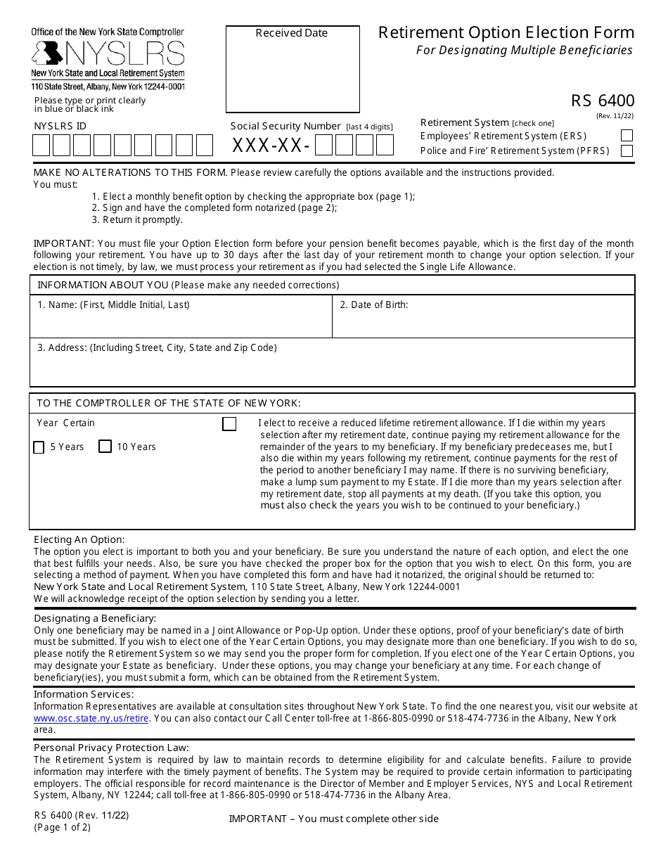 Form RS6400 Download Fillable PDF or Fill Online Retirement Option ...