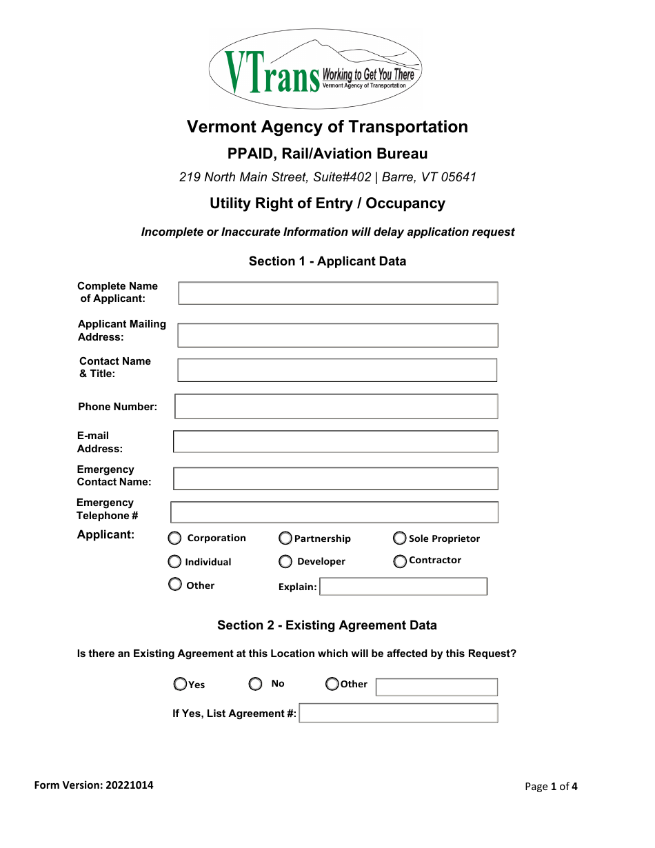 Vermont Utility Right of Entry/Occupancy Download Fillable PDF ...