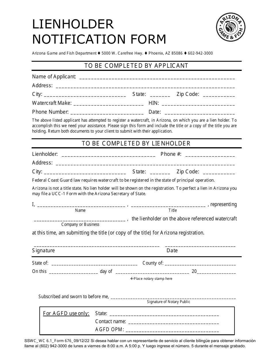 Form 676 Download Printable PDF or Fill Online Watercraft Lienholder ...
