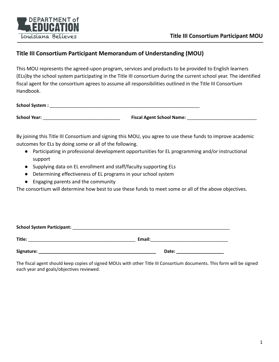Louisiana Title Iii Consortium Participant Memorandum of Understanding ...