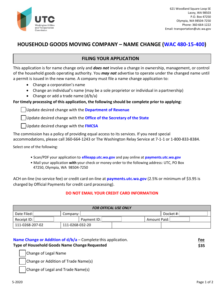 Washington Household Goods Moving Company Name Change - Fill Out, Sign Online and Download PDF ...