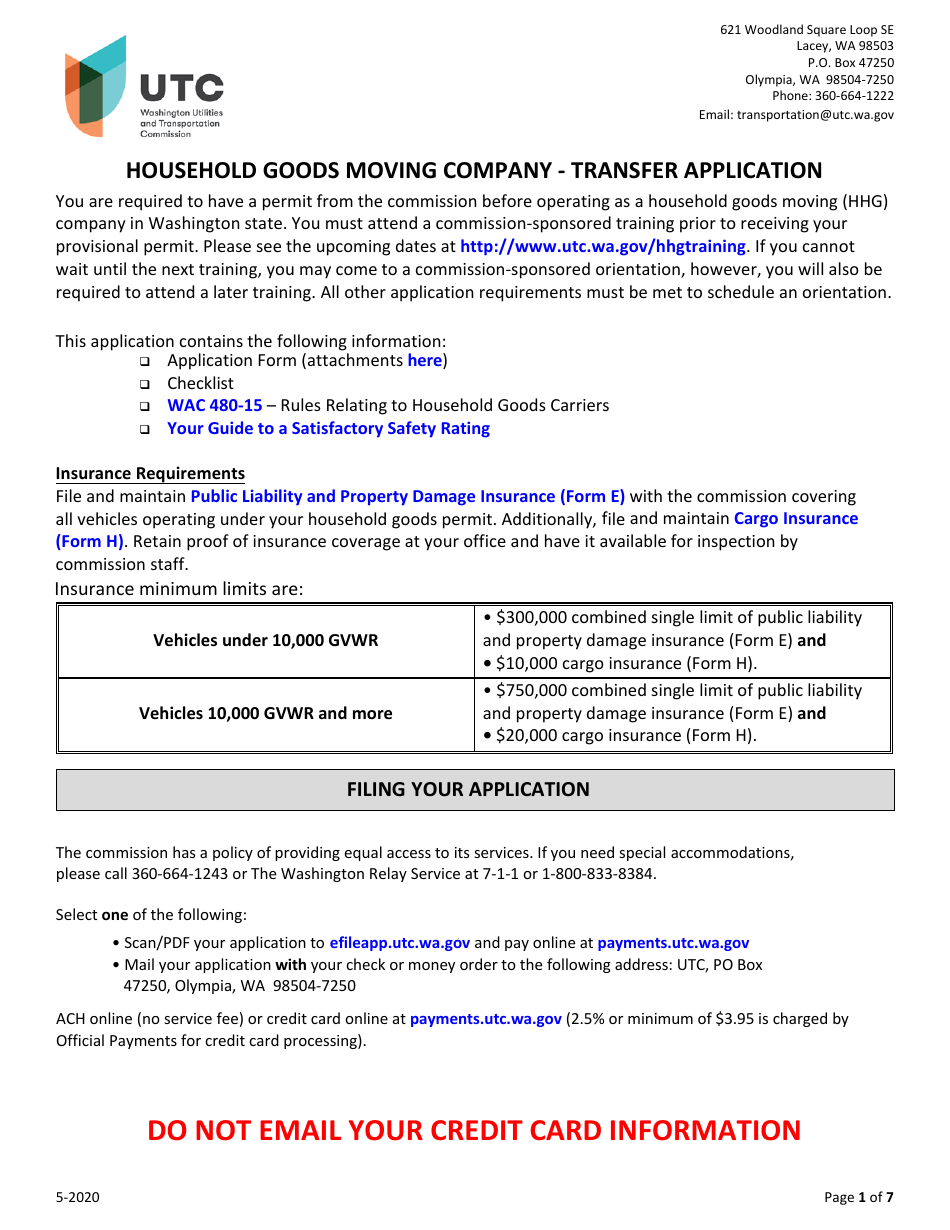 Washington Household Goods Moving Company Transfer Application - Fill ...