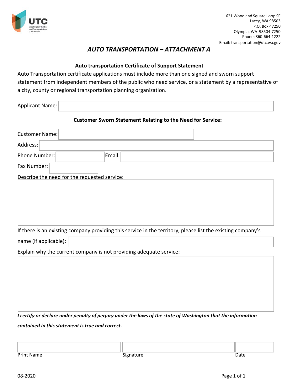 Washington Auto Transportation Certificate of Support Statement - Fill ...