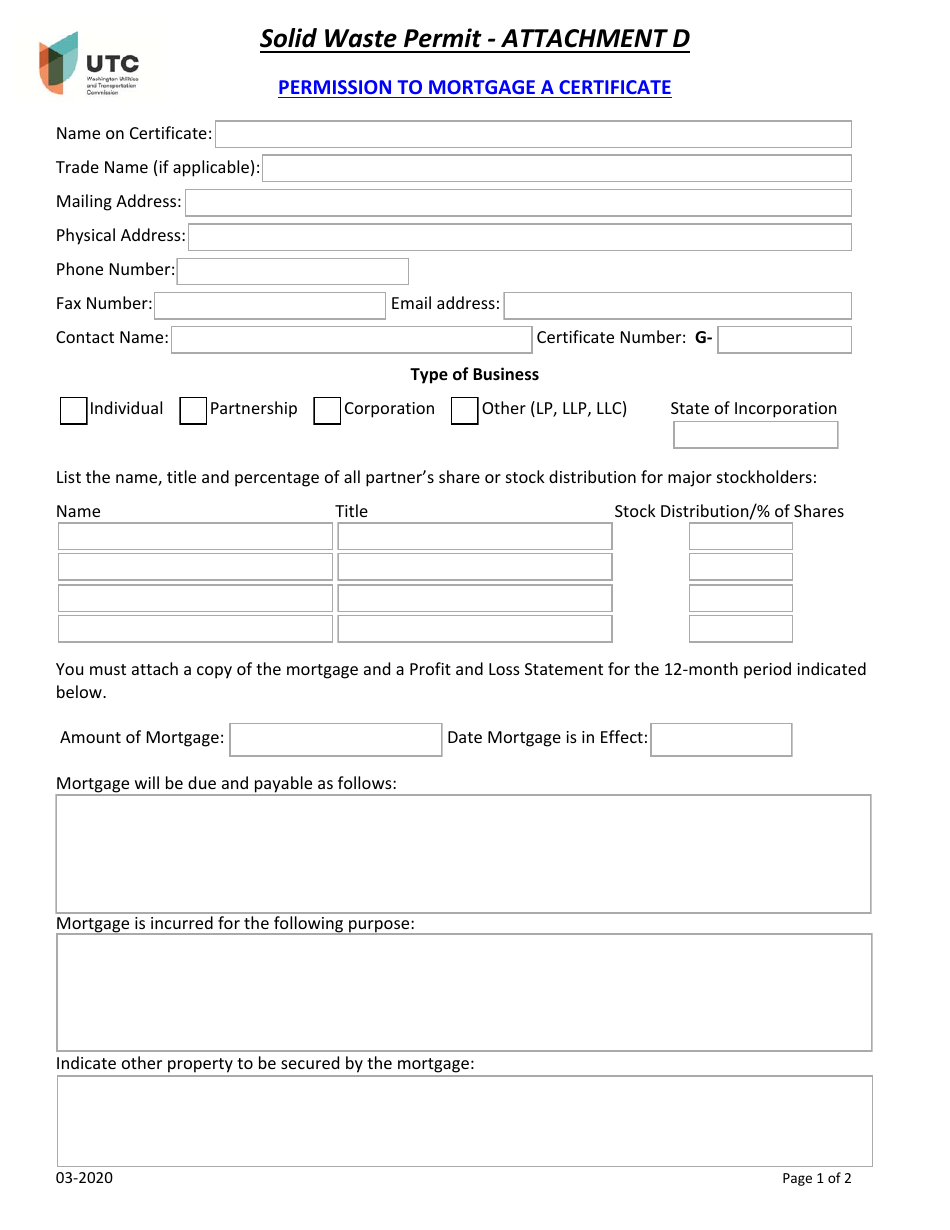 Washington Solid Waste Permit - Permission to Mortgage a Certificate ...