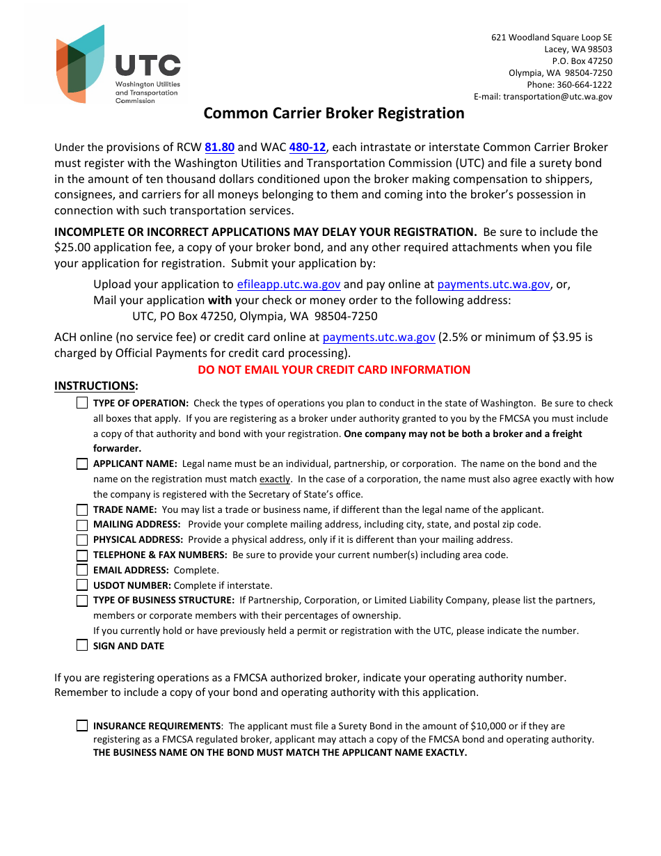 Washington Common Carrier Broker Registration Application - Fill Out ...