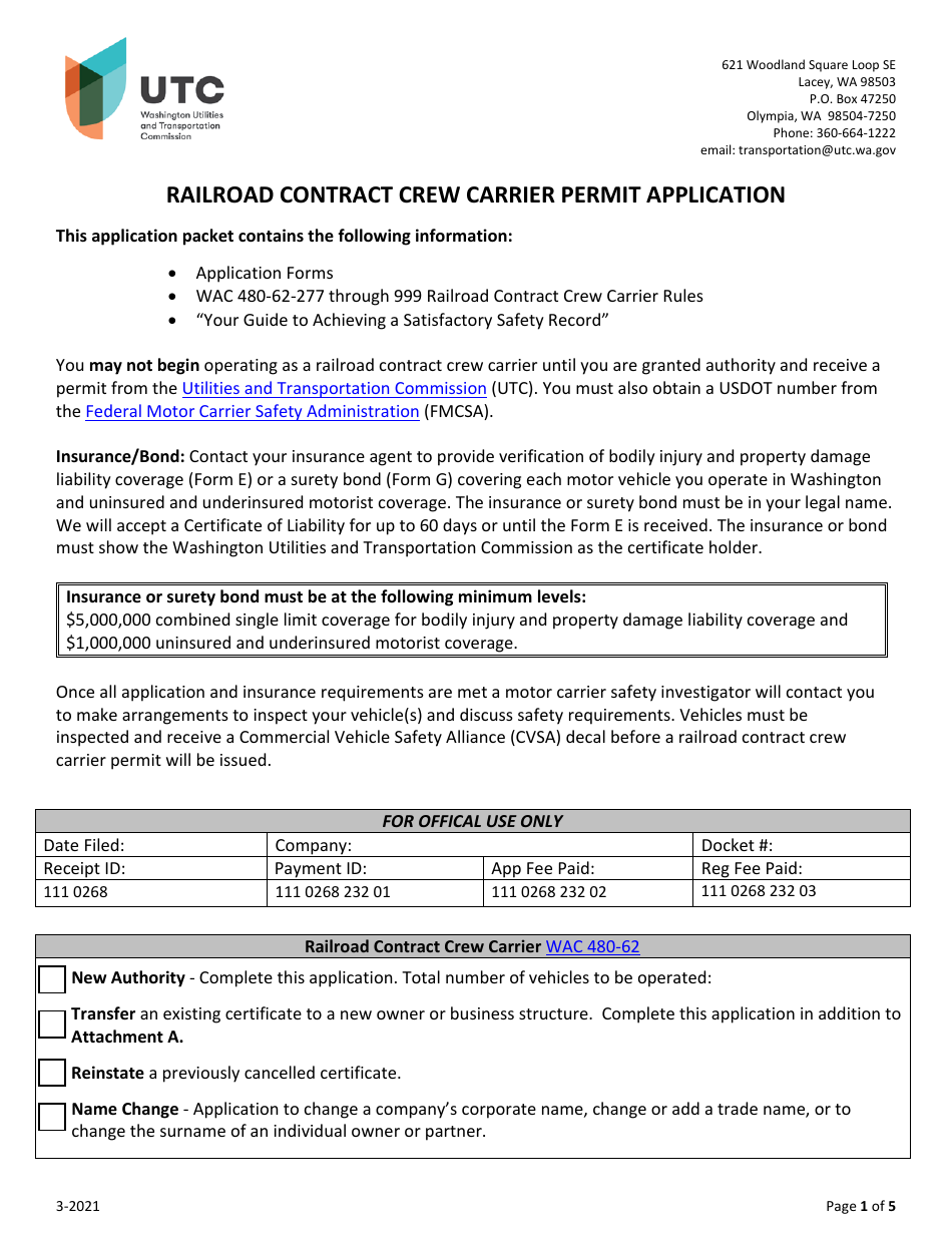 Washington Railroad Contract Crew Carrier Permit Application Download ...
