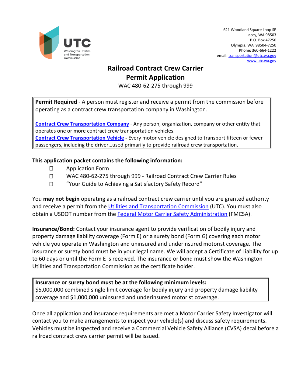 Washington Railroad Contract Crew Carrier Permit Application - Fill Out ...