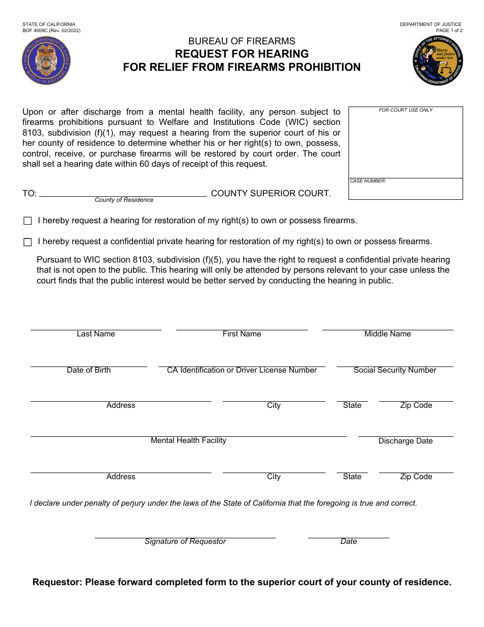 Form BOF4009C Download Fillable PDF or Fill Online Request for Hearing ...
