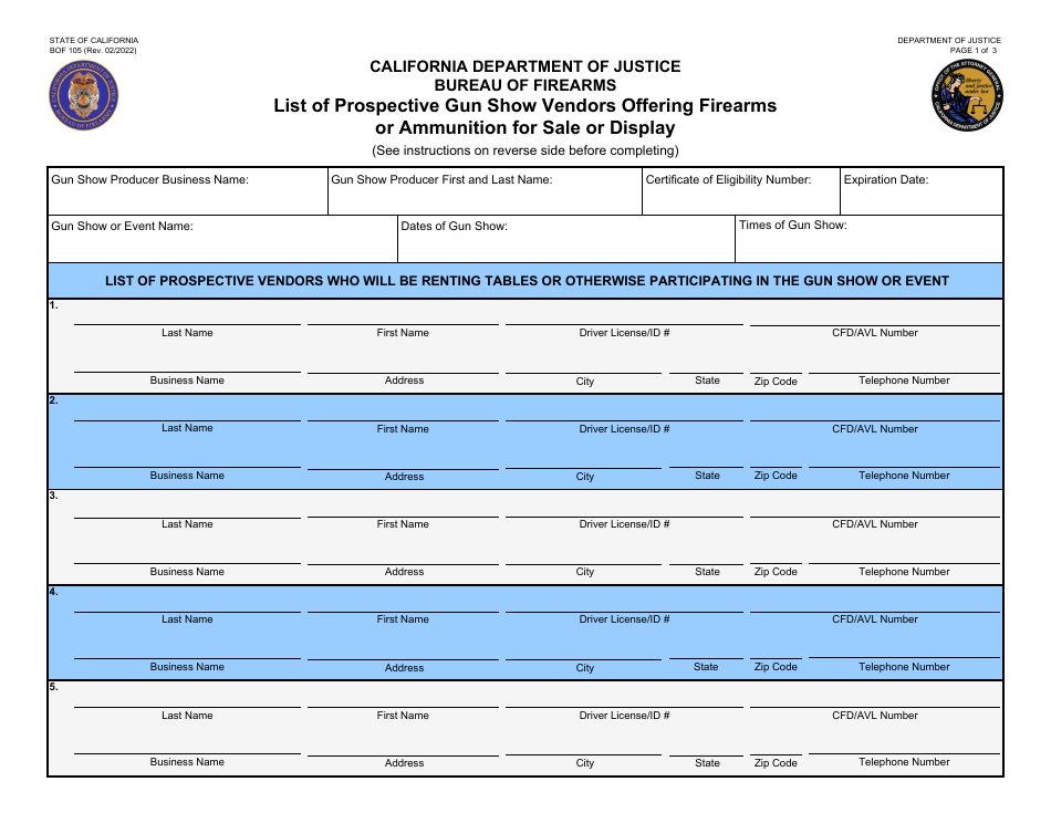 Form BOF105 Download Fillable PDF or Fill Online List of Prospective ...