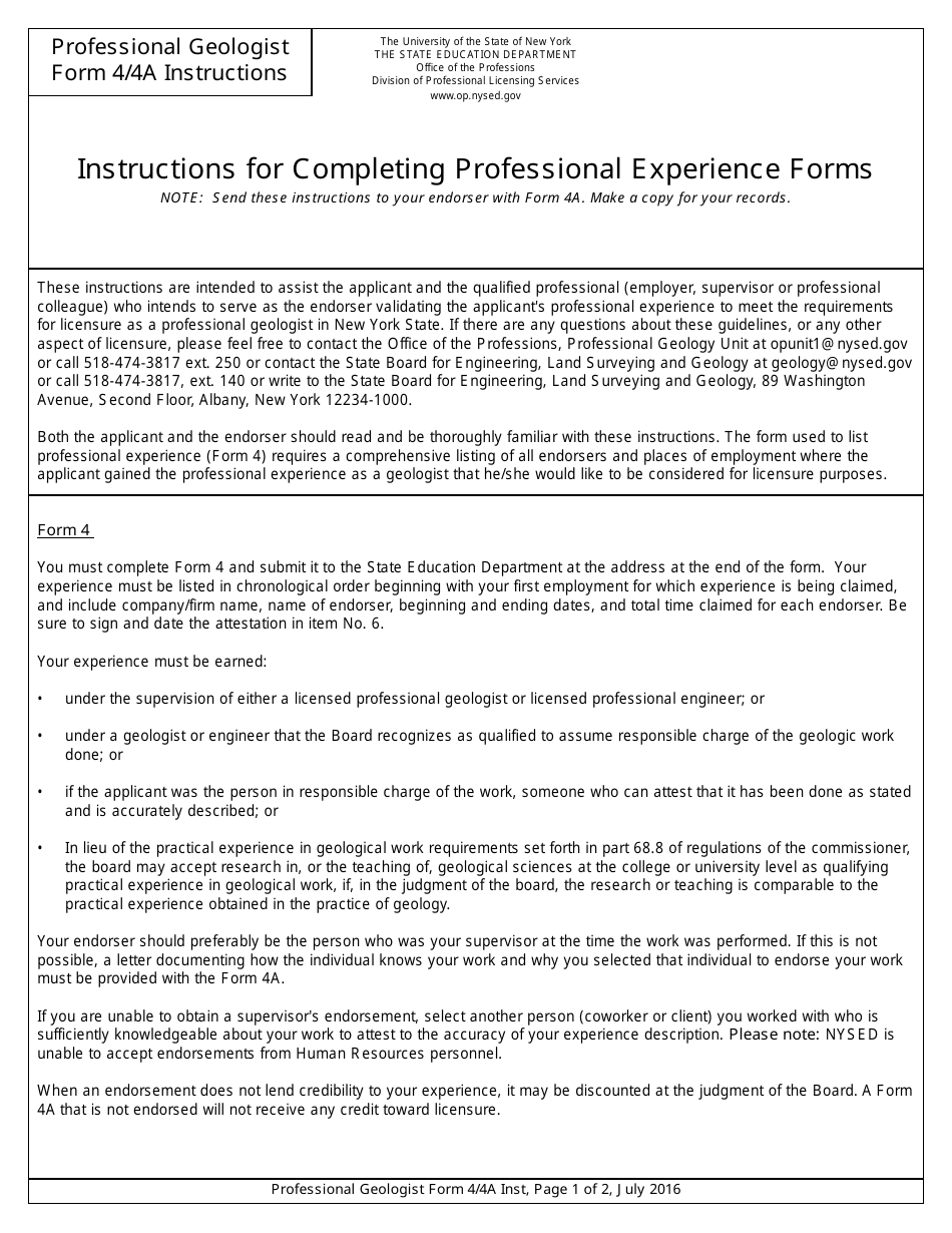Download Instructions for Professional Geologist Form 4, Professional ...