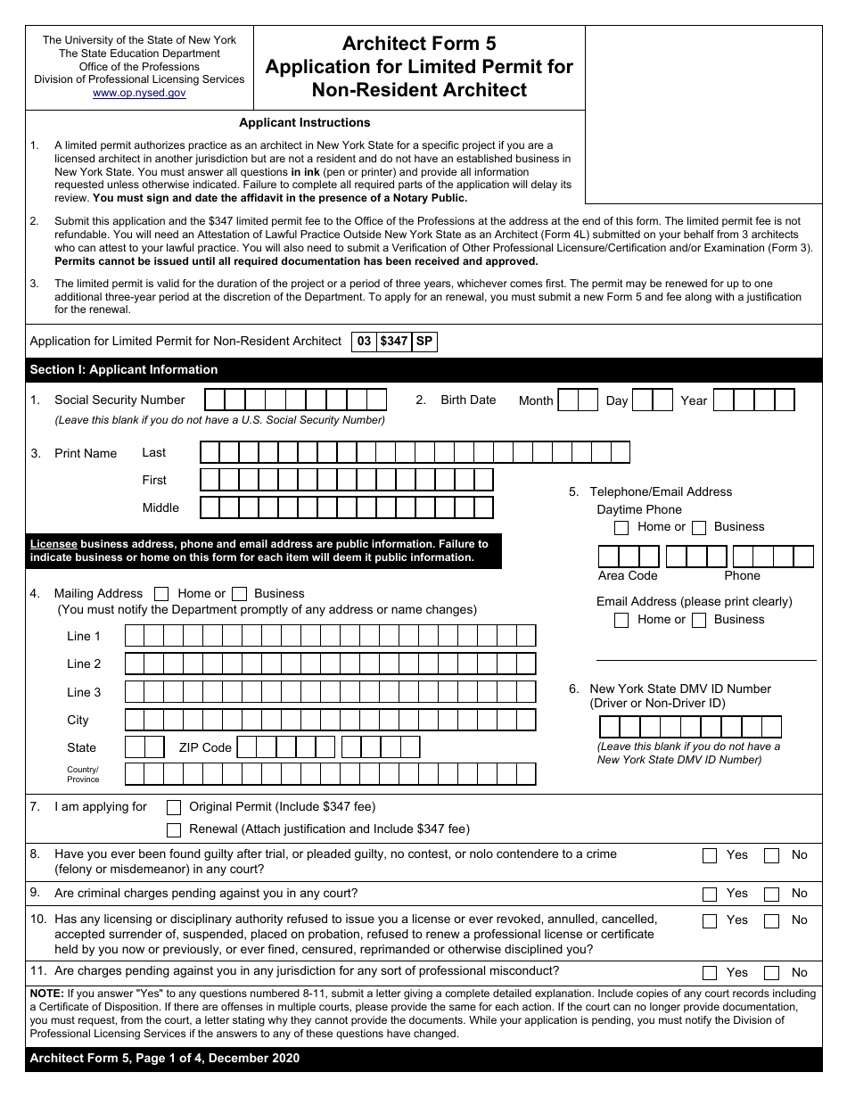 Architect Form 5 - Fill Out, Sign Online and Download Fillable PDF, New ...