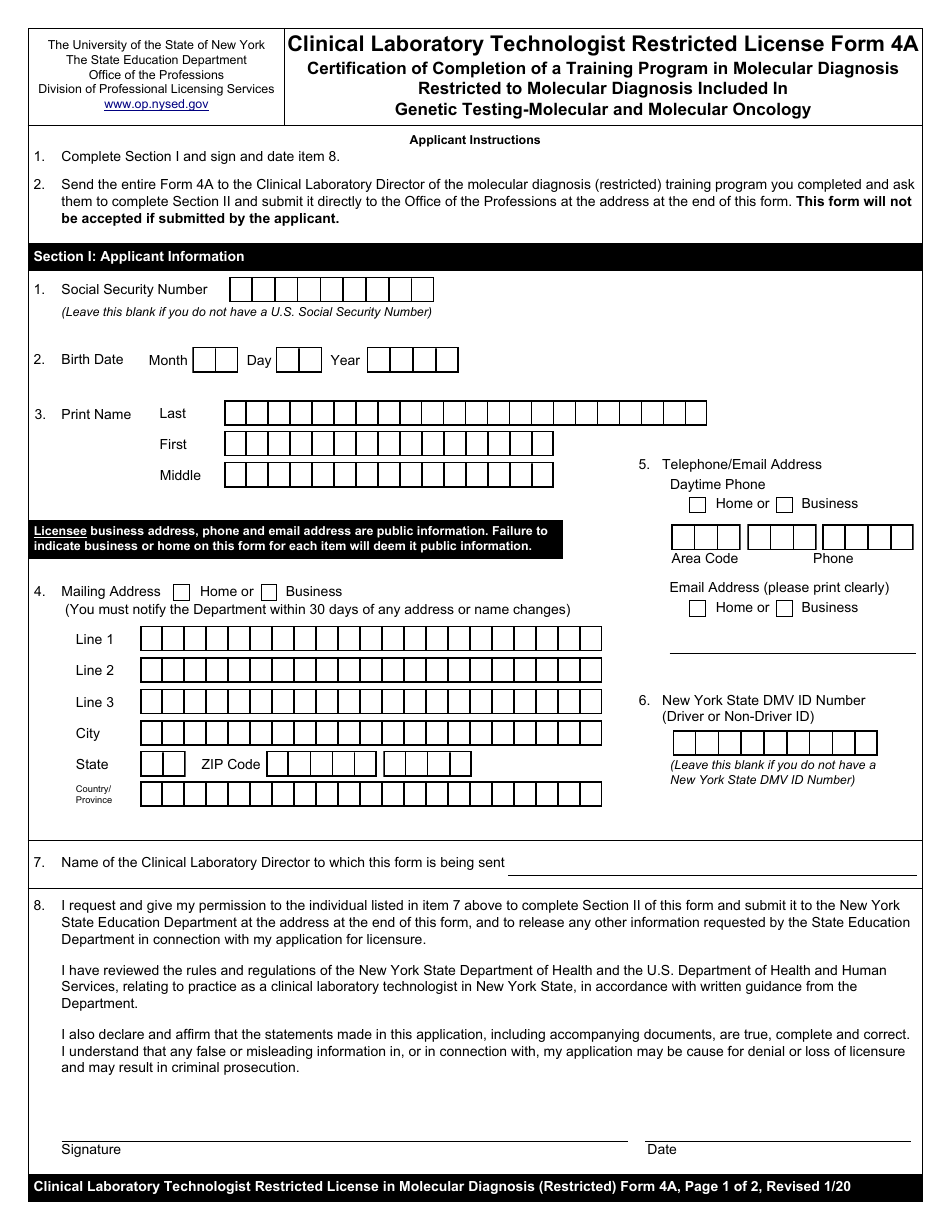 Clinical Laboratory Technologist Restricted License Form 4A - Fill Out ...