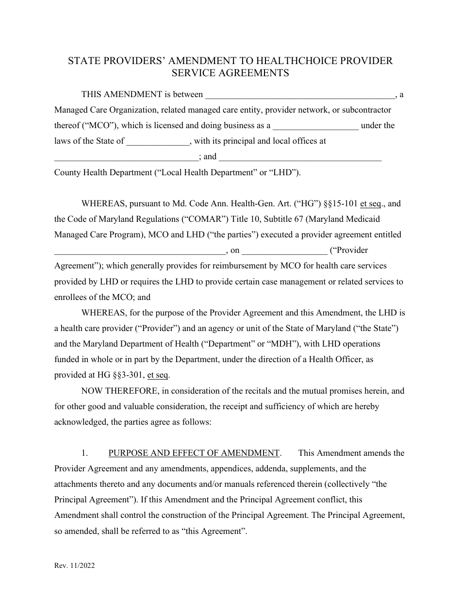 Maryland State Providers' Amendment to Healthchoice Provider Service Agreements - Fill Out, Sign ...
