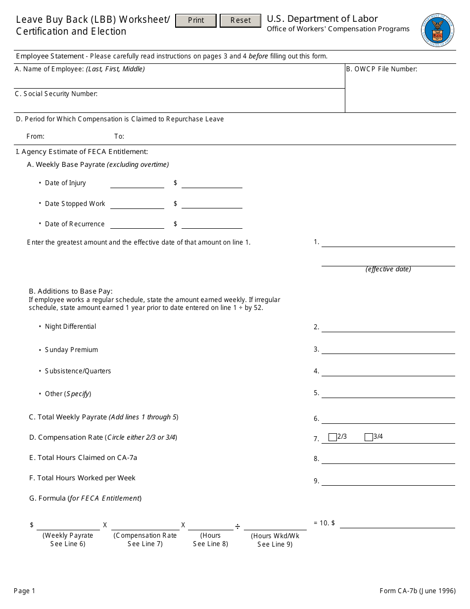 Form CA-7B - Fill Out, Sign Online and Download Fillable PDF ...
