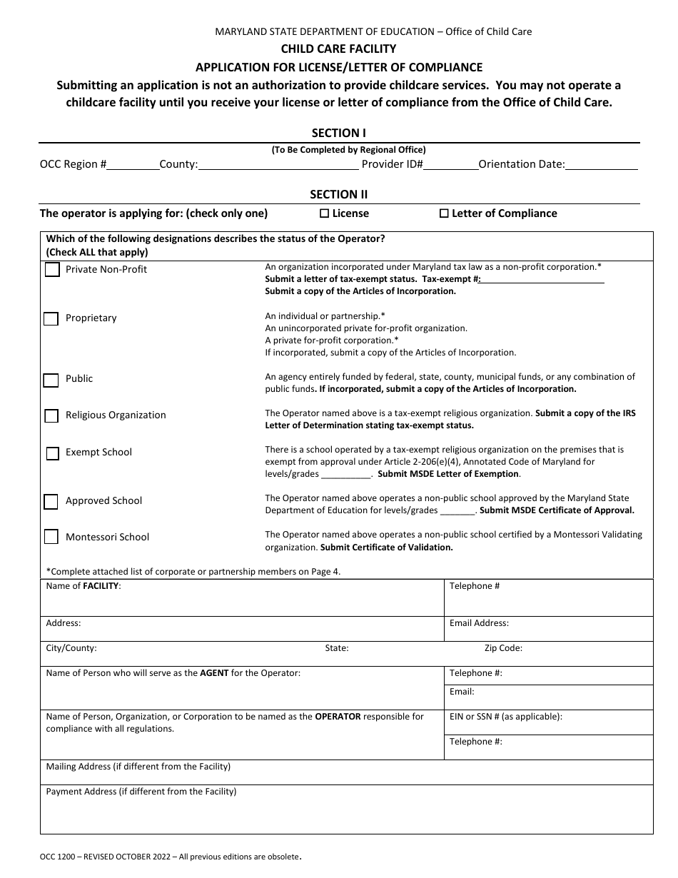 Form OCC1200 Download Fillable PDF or Fill Online Child Care Facility ...