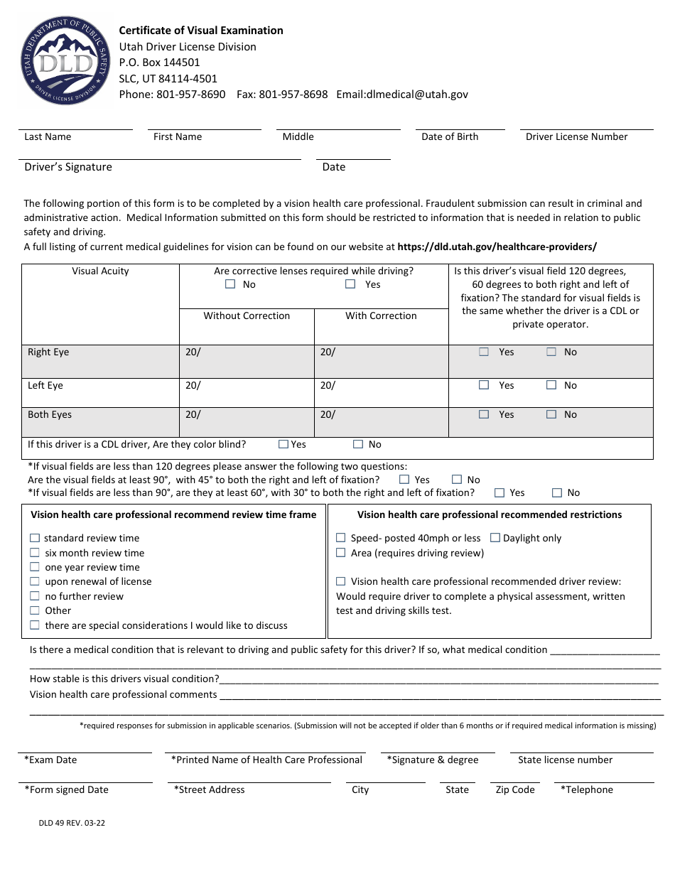 Form DLD49 Download Printable PDF or Fill Online Certificate of Visual ...