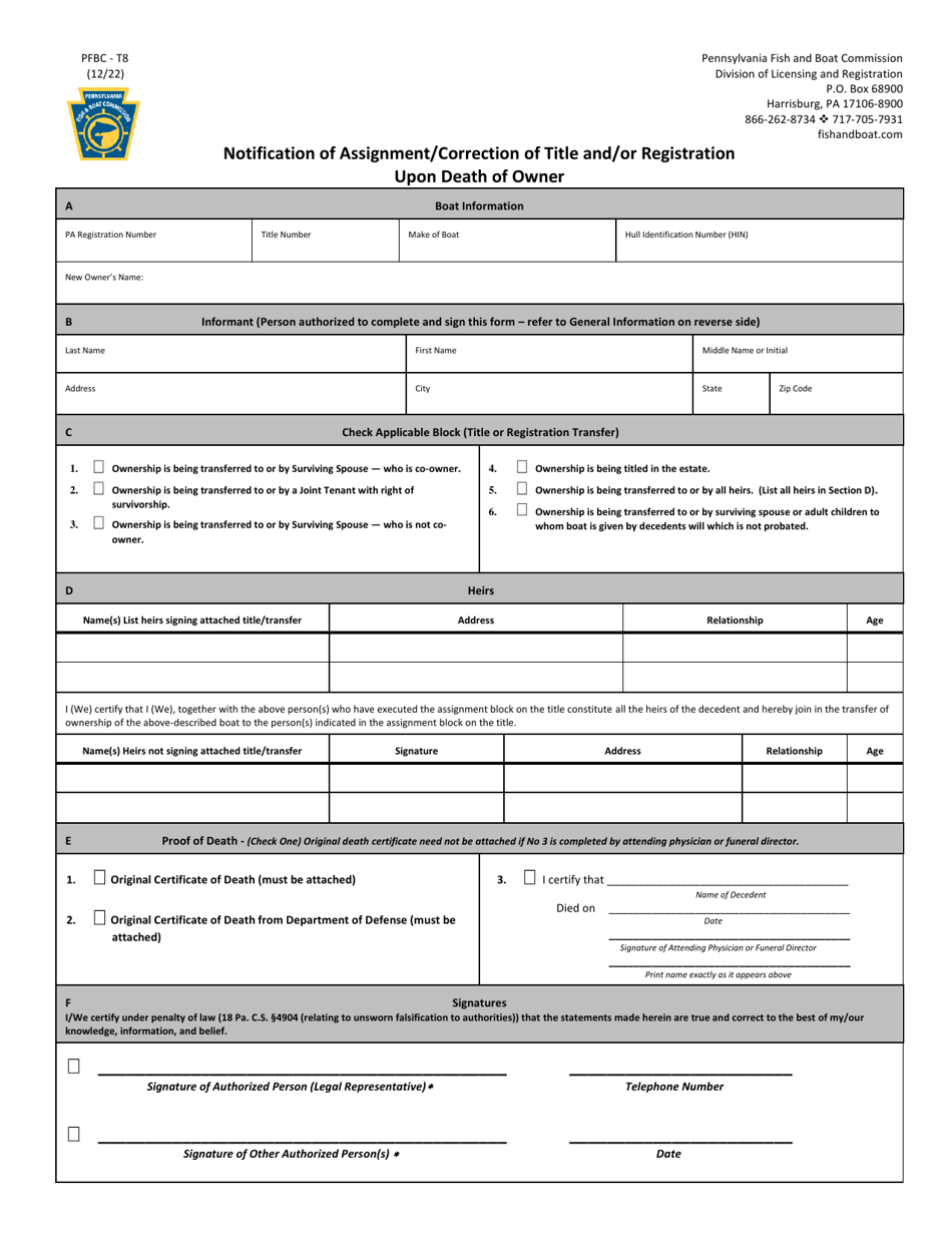 Form PFBC-T8 Download Printable PDF or Fill Online Notification of ...