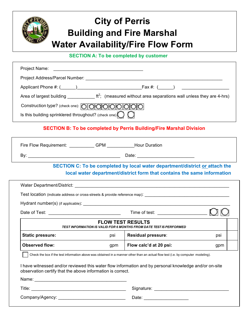 City of Perris, California Water Availability/Fire Flow Form - Fill Out ...