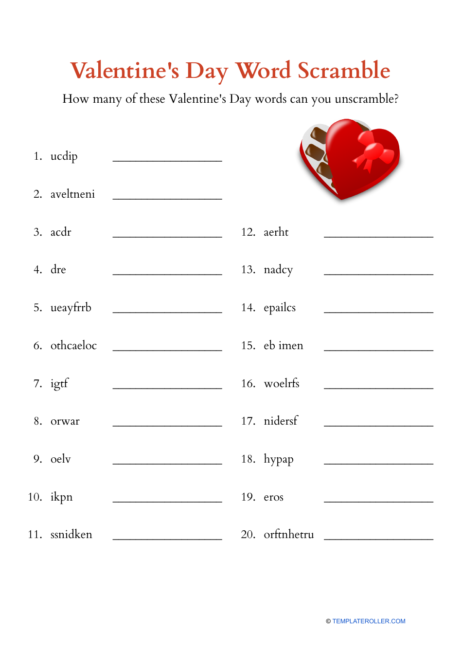 Valentine's Day Word Scramble - Sweet Heart Download Printable PDF ...