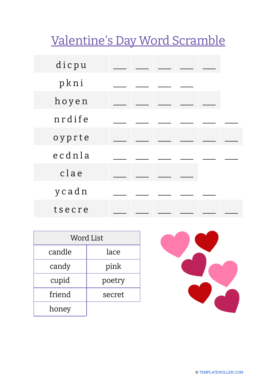 Valentine's Day Word Scramble - Hearts Download Printable PDF ...