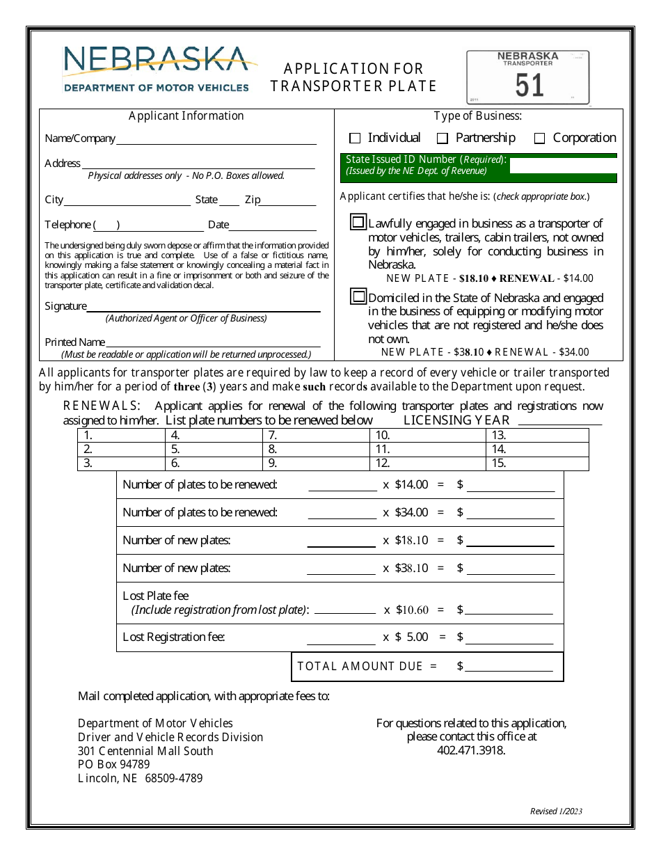 Nebraska Application for Transporter Plate - Fill Out, Sign Online and ...