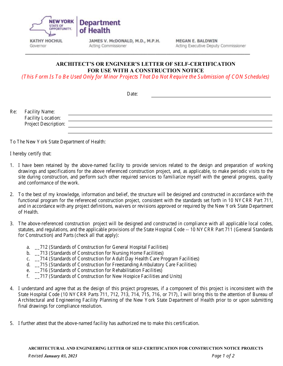 New York Architect's or Engineer's Letter of Self-certification for Use ...