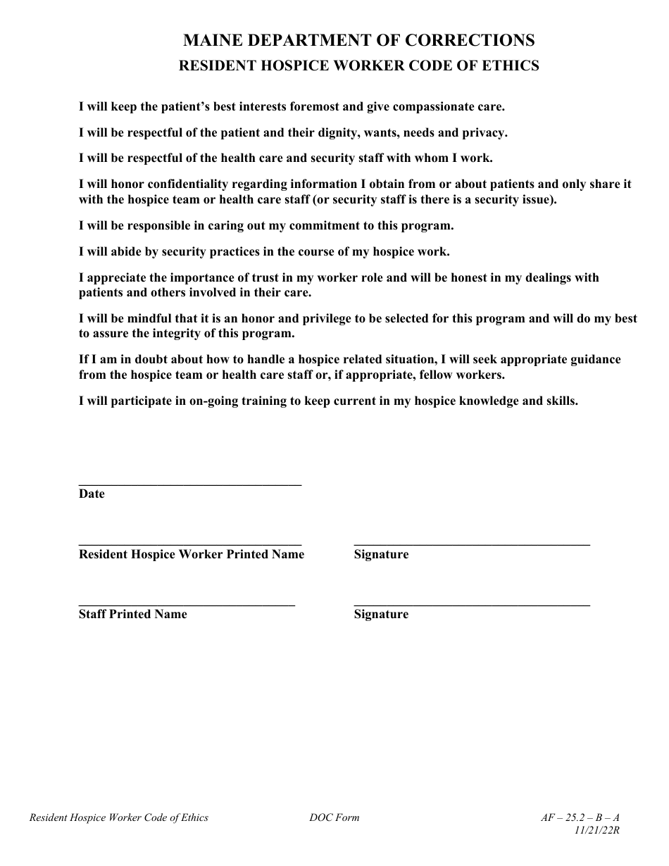 Maine Resident Hospice Worker Code of Ethics - Fill Out, Sign Online ...