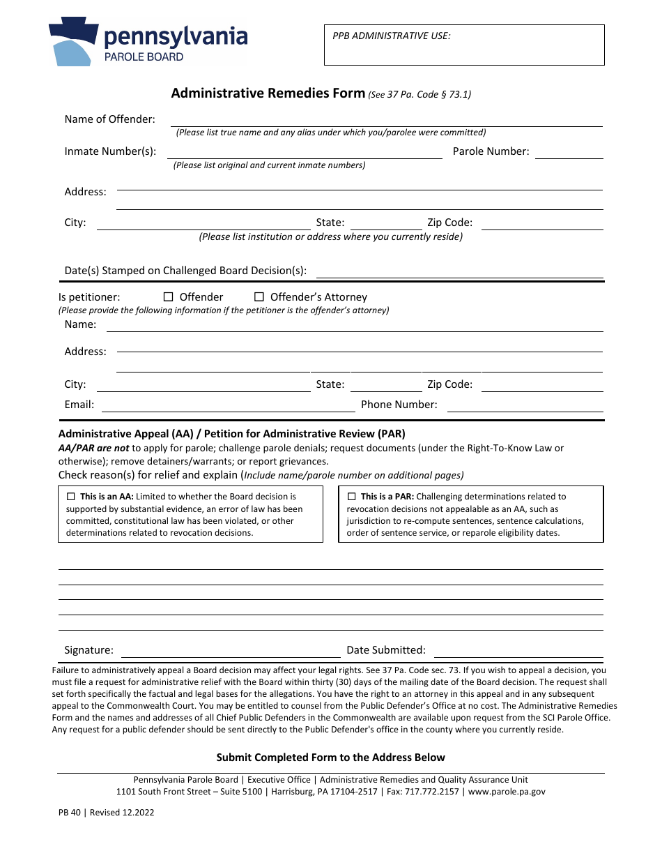 Form PB40 Download Printable PDF or Fill Online Administrative Remedies ...