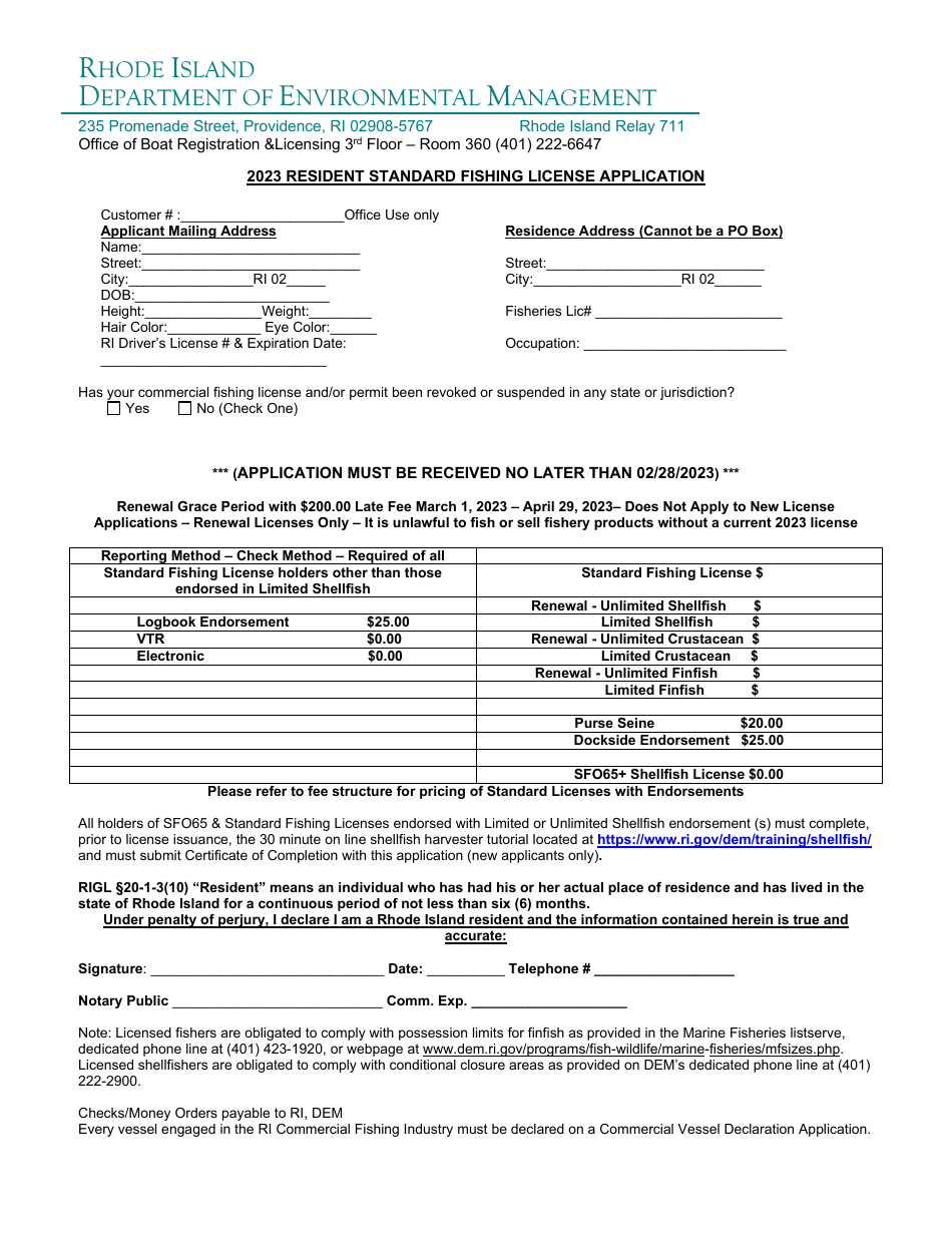 2023 Rhode Island Resident Standard Fishing License Application - Fill ...