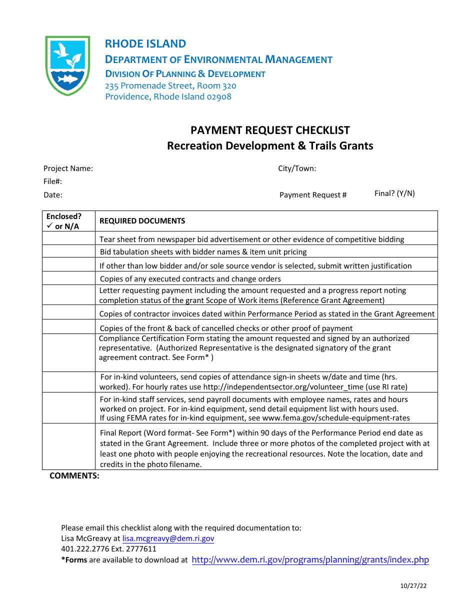 Rhode Island Payment Request Checklist - Recreation Development ...