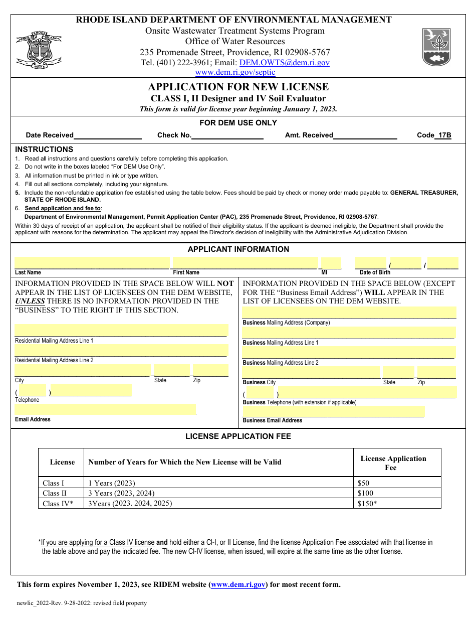 Rhode Island Application for New License - Class I, II Designer and IV ...