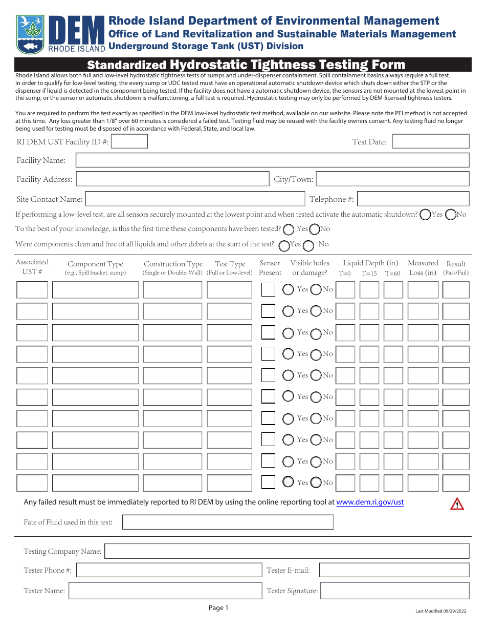 Rhode Island Standardized Hydrostatic Tightness Testing Form Download ...