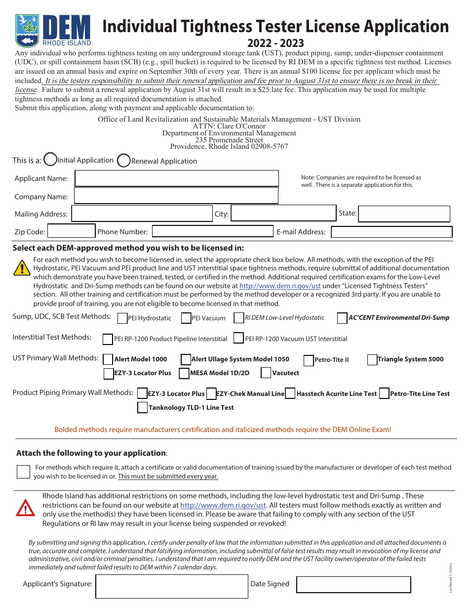 2023 Rhode Island Individual Tightness Tester License Application ...
