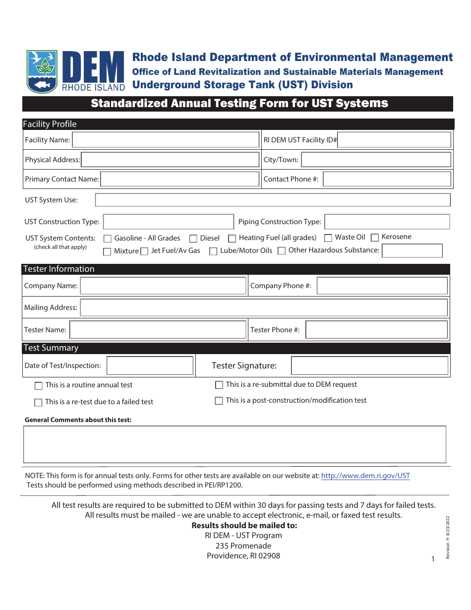 Rhode Island Standardized Annual Testing Form for Ust Systems Download ...